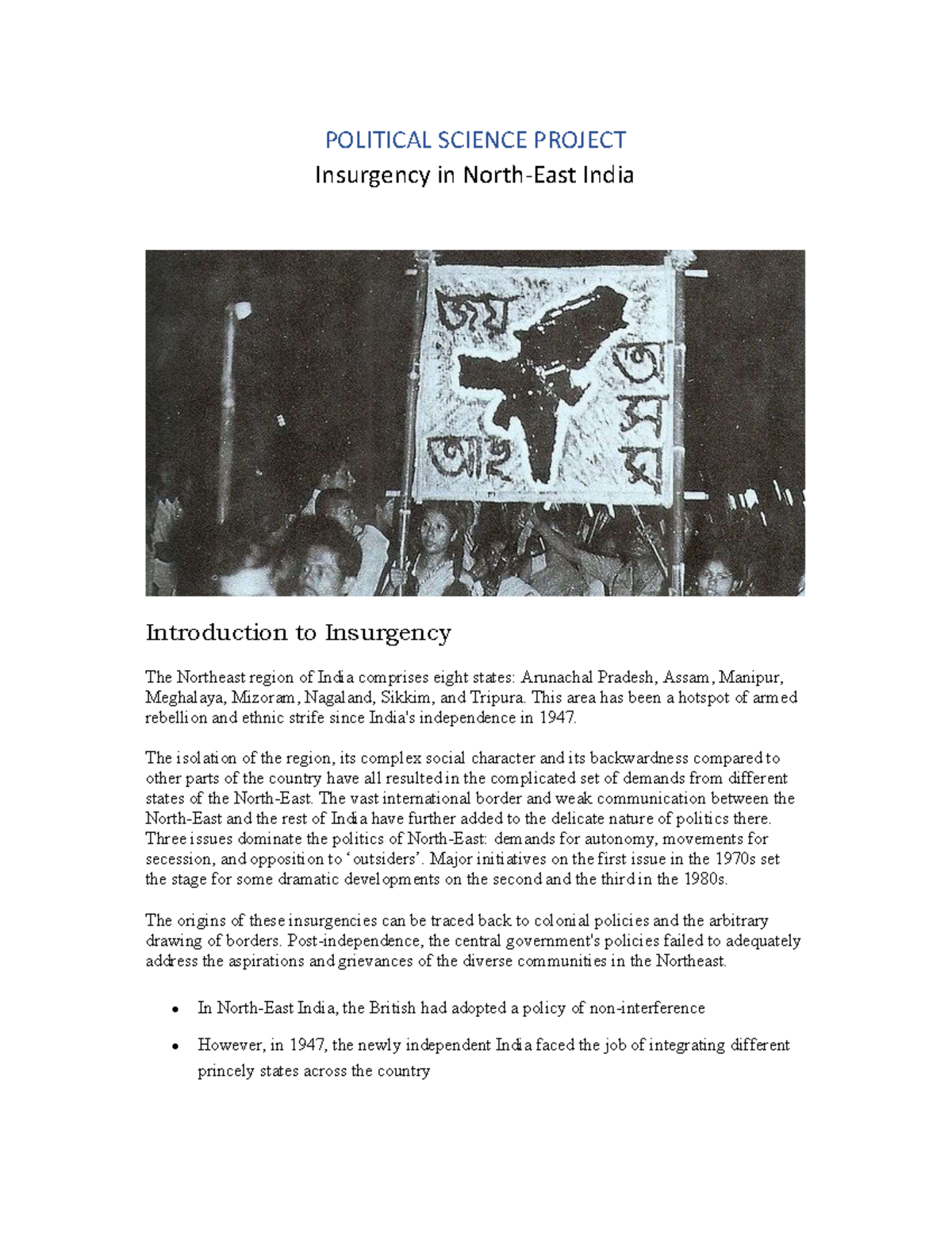 POLITICAL SCIENCE PROJECT: Insurgency in Northeast India Analysis - Studocu