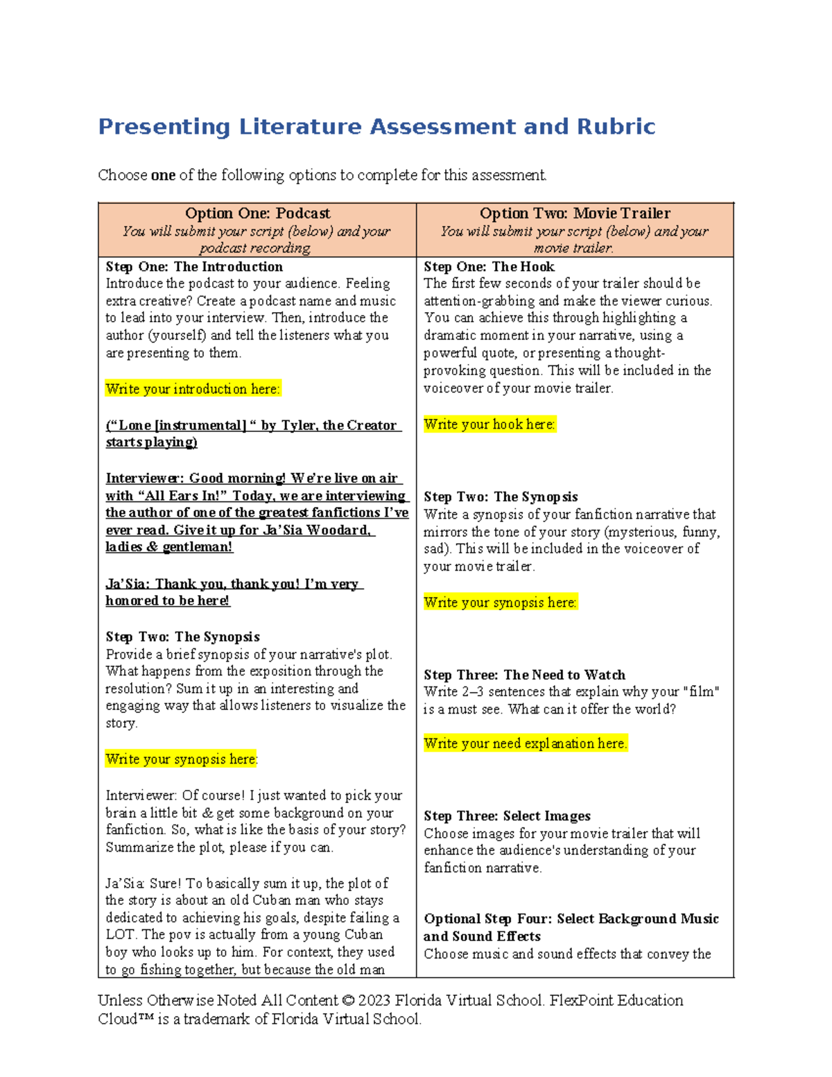 Presenting Literature Assessment: Podcast & Movie Trailer Rubric - Studocu