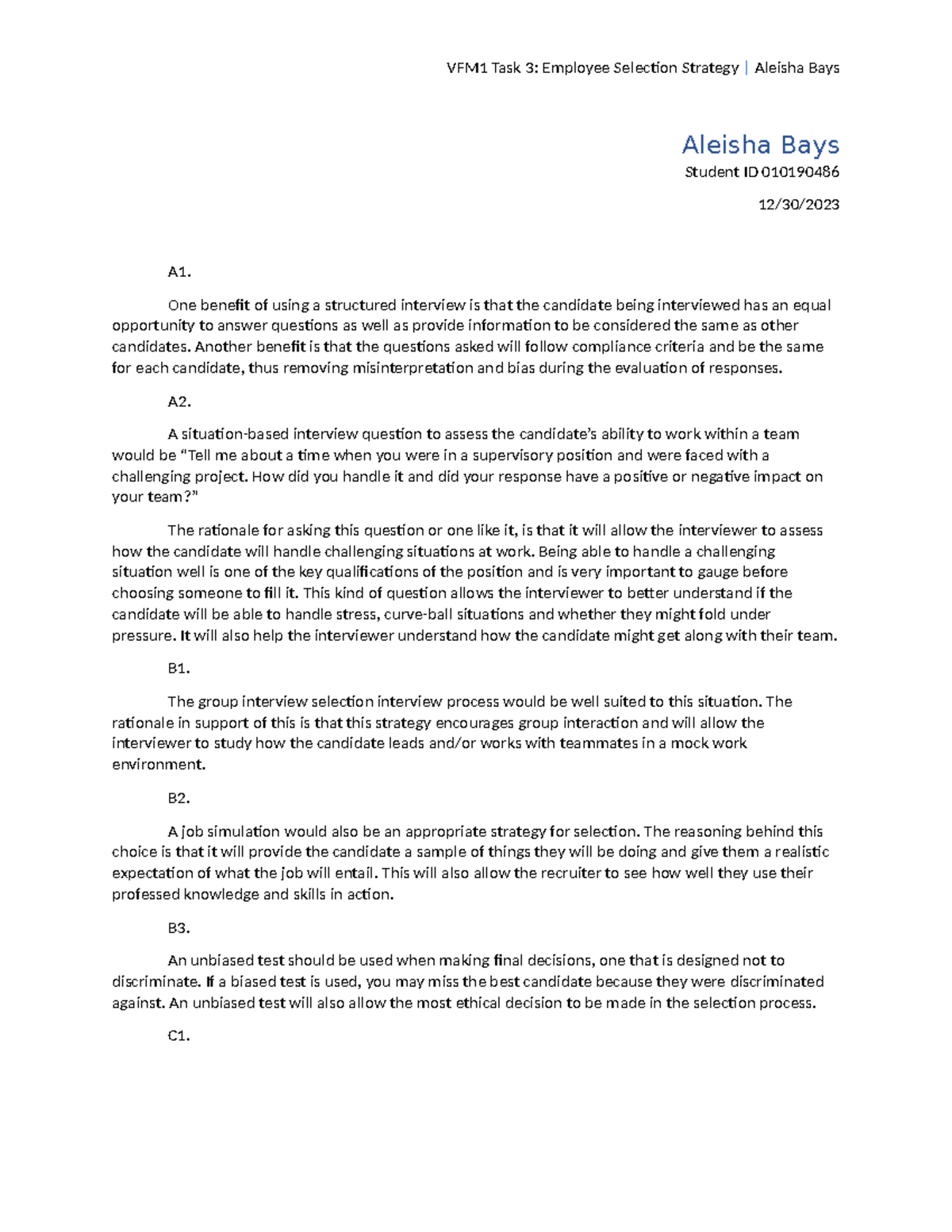 VFM1 Task 3: Employee Selection Strategies and Best Practices - Studocu