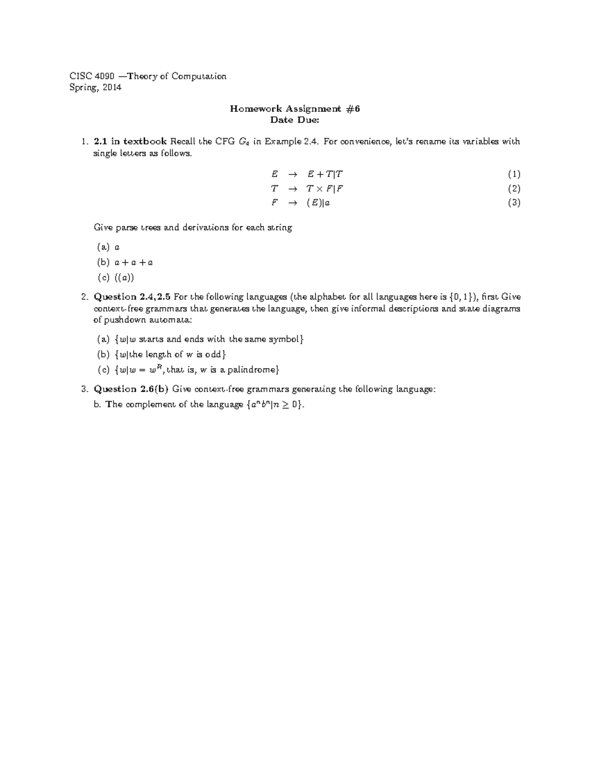Homework Assignment #6 - CISC 4090 —Theory of Computation Spring, 2014 ...