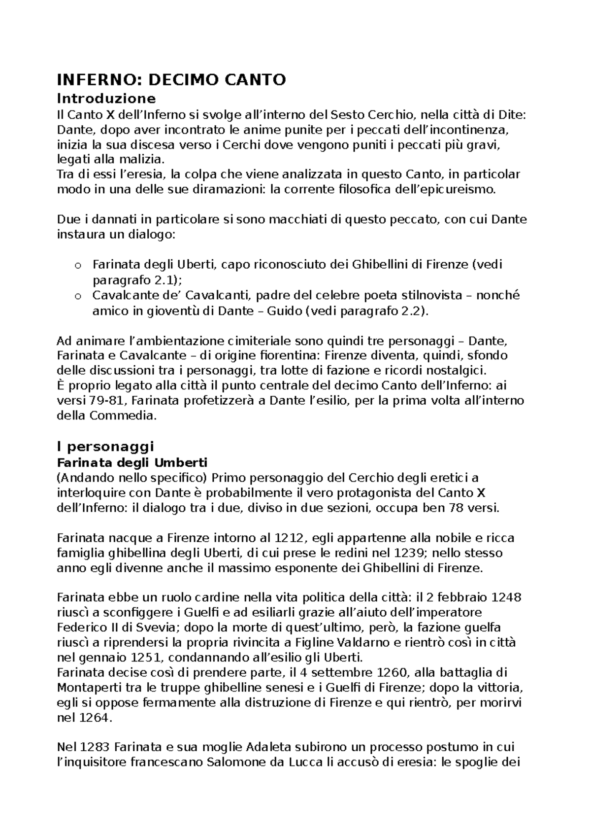 Inferno Canto X: Riassunto e Analisi dei Personaggi - Studocu
