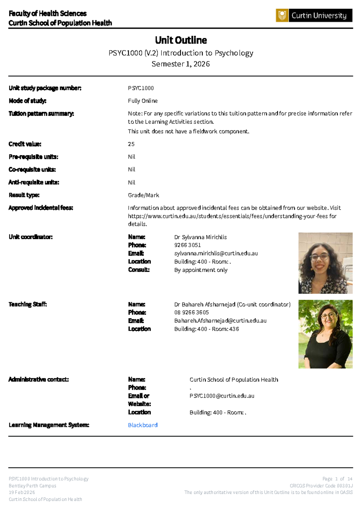 PSYC1000 Unit Outline: Introduction to Psychology - Semester 1, 2026 ...