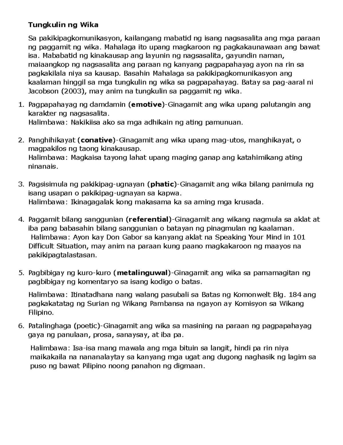 Tungkulin ng Wika sa Komunikasyon: Isang Pagsusuri at Halimbawa - Studocu