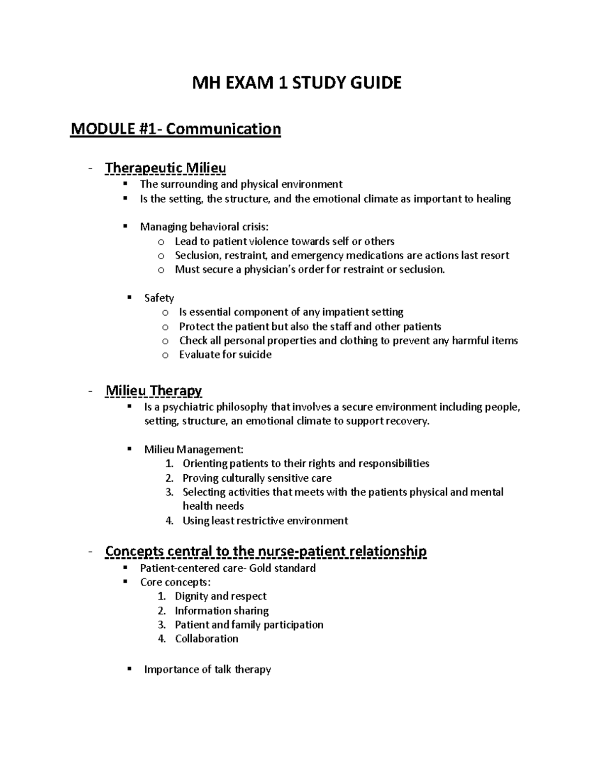 MH-1: Communication in Nursing - Exam 1 Study Guide Notes - Studocu