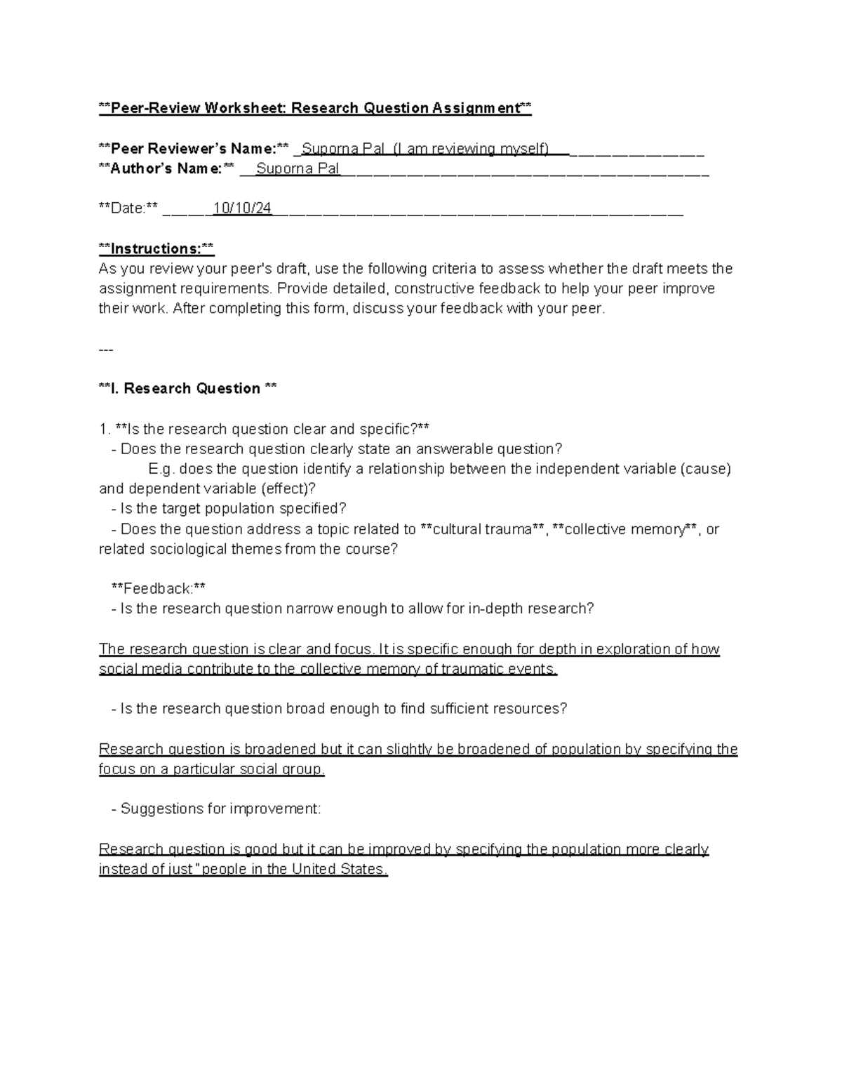 Worksheet Research Question - Provide detailed, constructive feedback ...