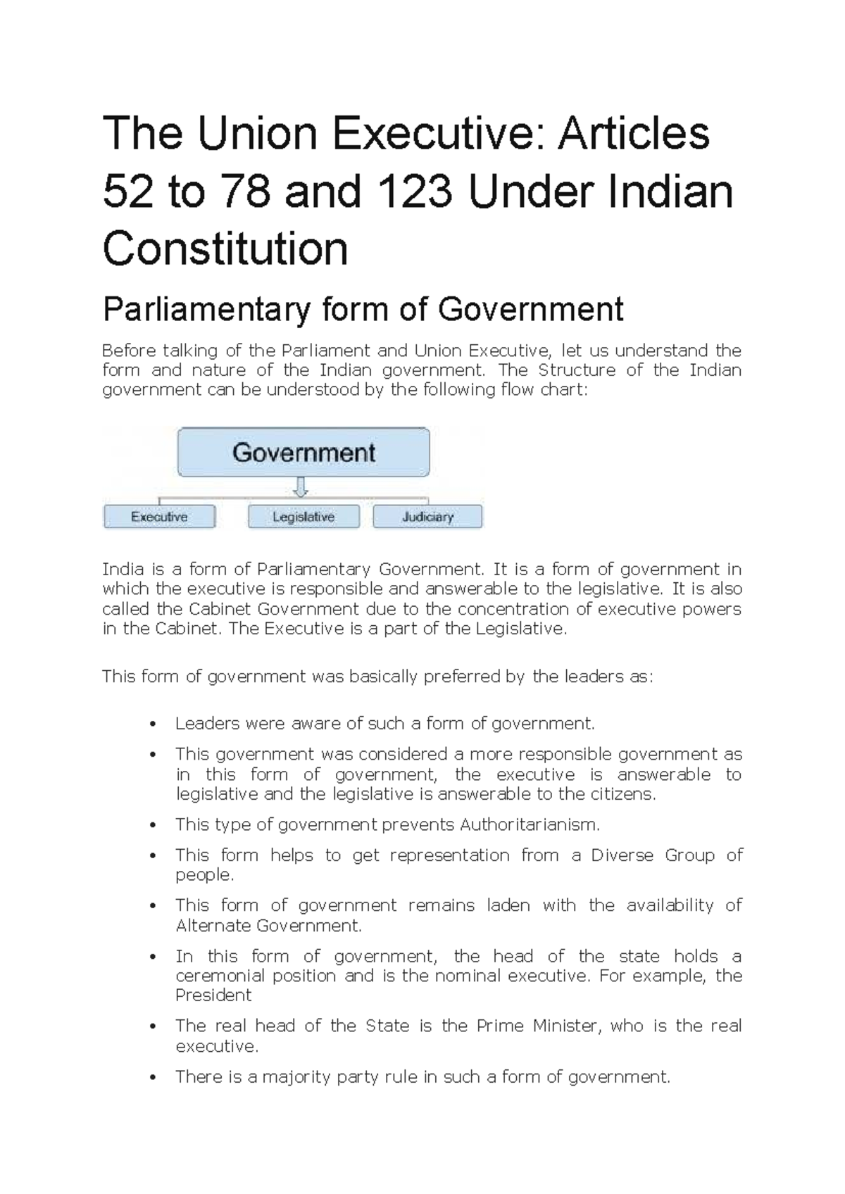 The Union Executive: Articles 52-78 & 123 - LLB Notes - Studocu