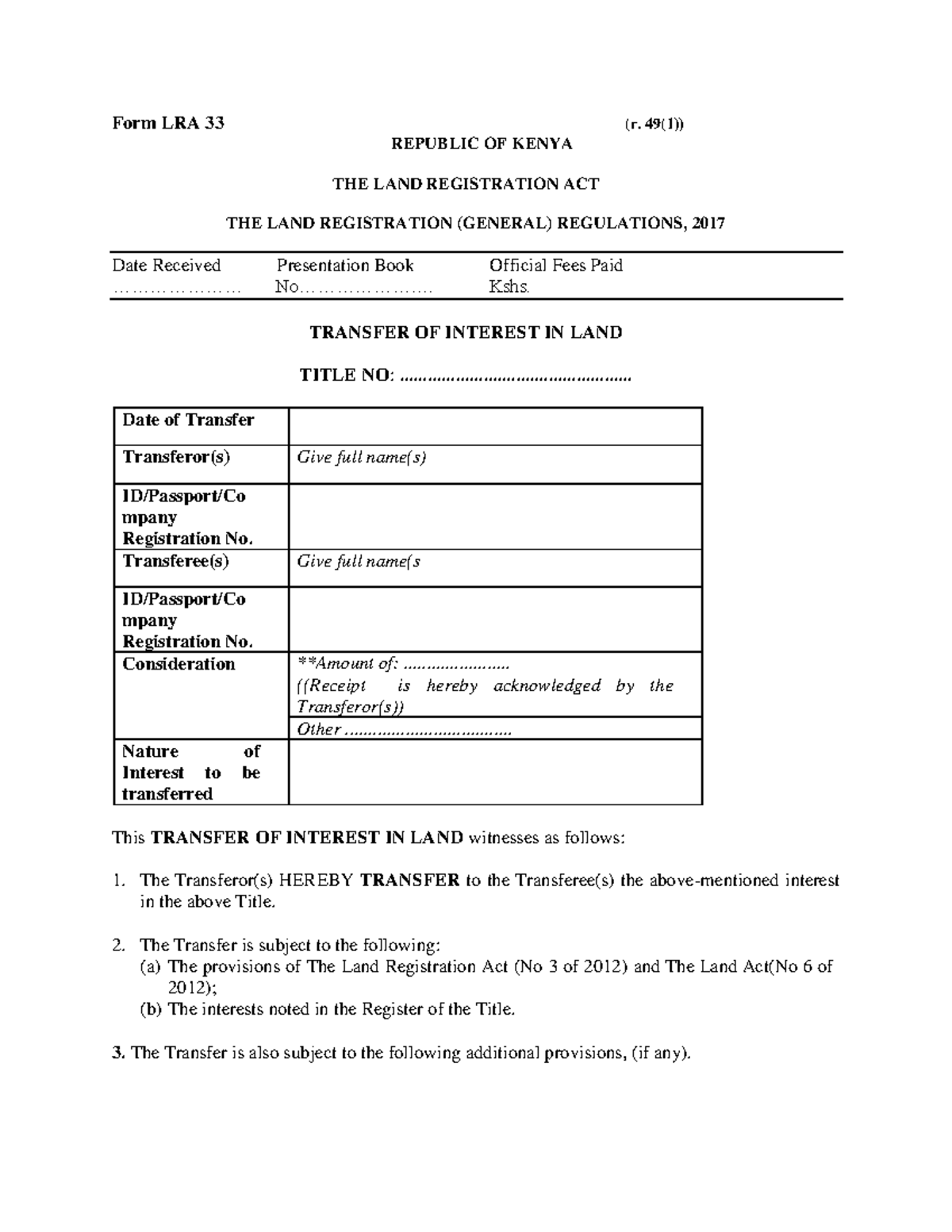 Form-LRA-33 - Transfer of Interest in Land Documentation - Studocu