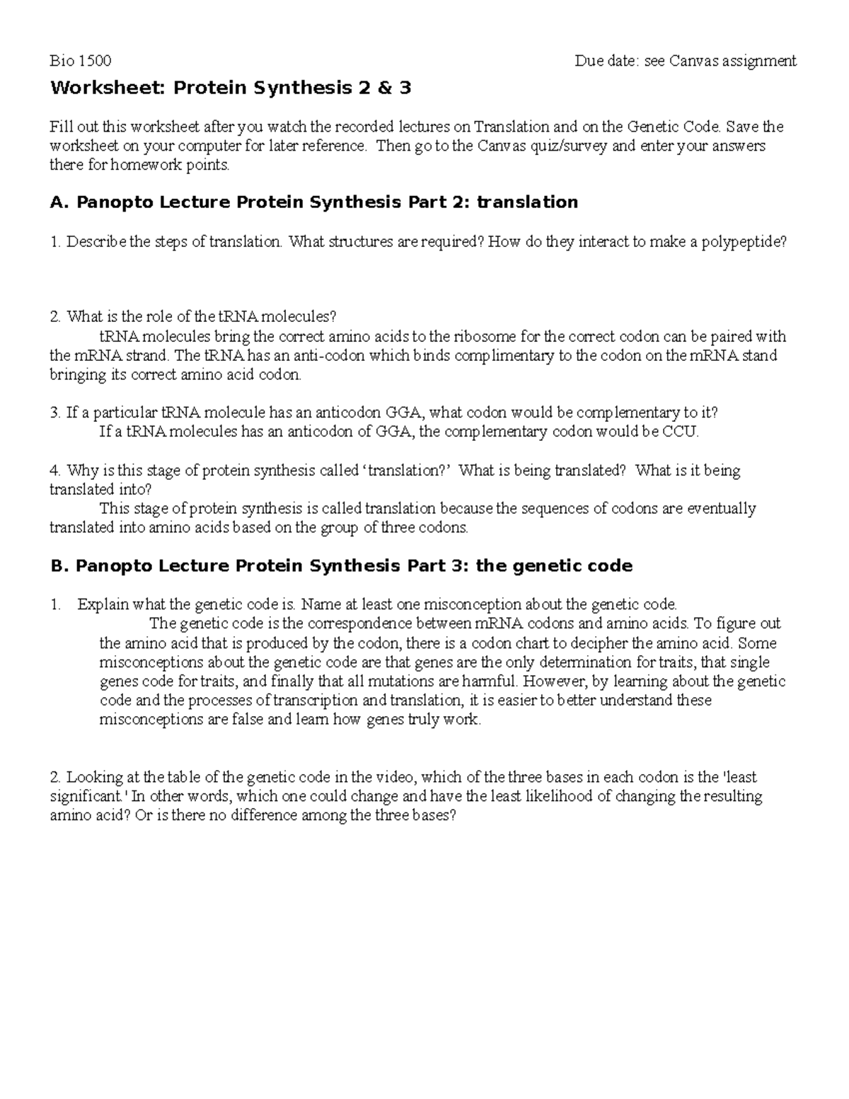 #15 Prot Syn 2 3-1 - Homework 15 Dr. Liscum - Bio 1500 Due date: see Canvas assignment Worksheet ...