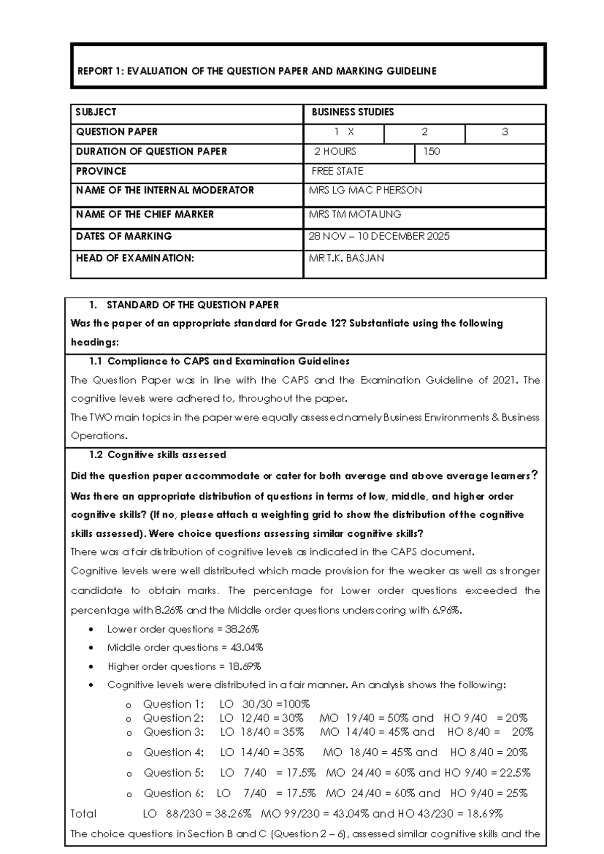 Business Studies P1 IM Report: Evaluation of Question Paper & Marking ...