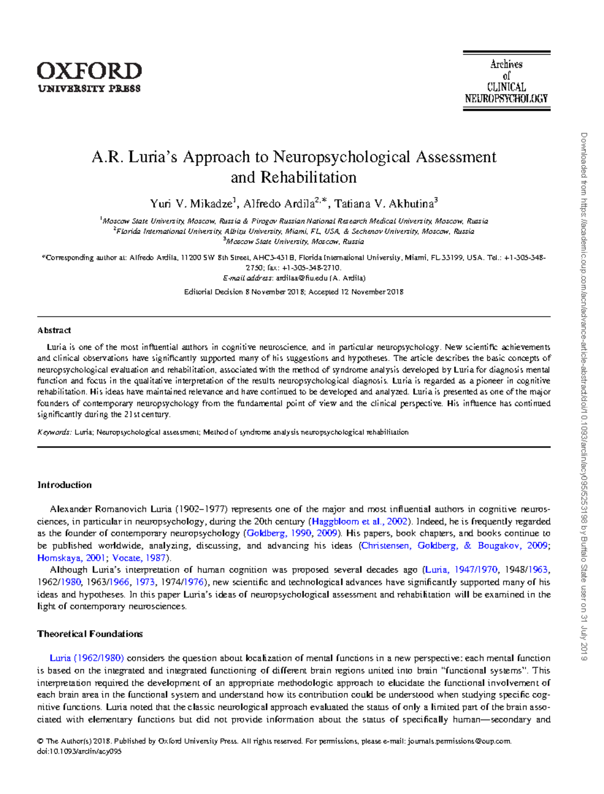 A.R. Luria’s Approach to Neuropsychological Assessment - A. Luria’s ...