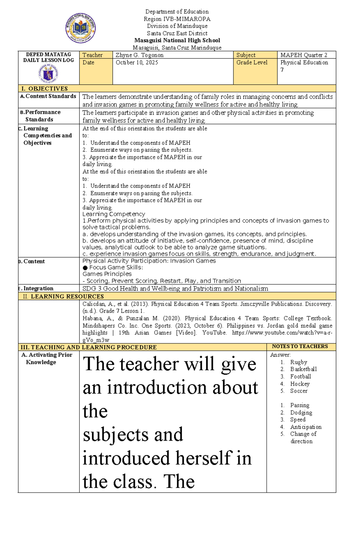 DEPED MATATAG DAILY LESSON LOG: MAPEH 7 Invasion Games - Studocu