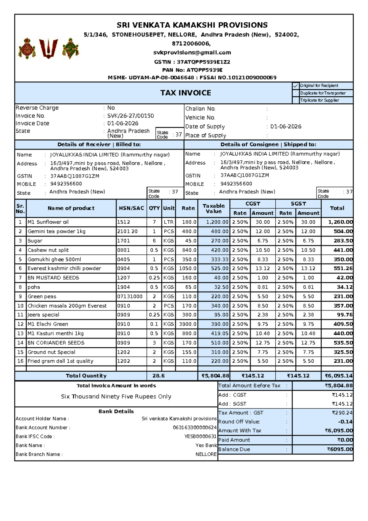SRI VENKATA KAMAKSHI PROVISIONS TAX INVOICE - SVK 26 27 00150 - Studocu