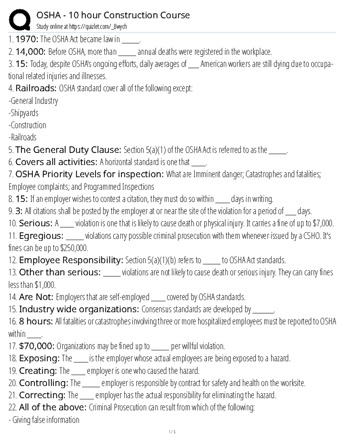 OSHA 10-Hour Construction Course Study Guide - Studocu