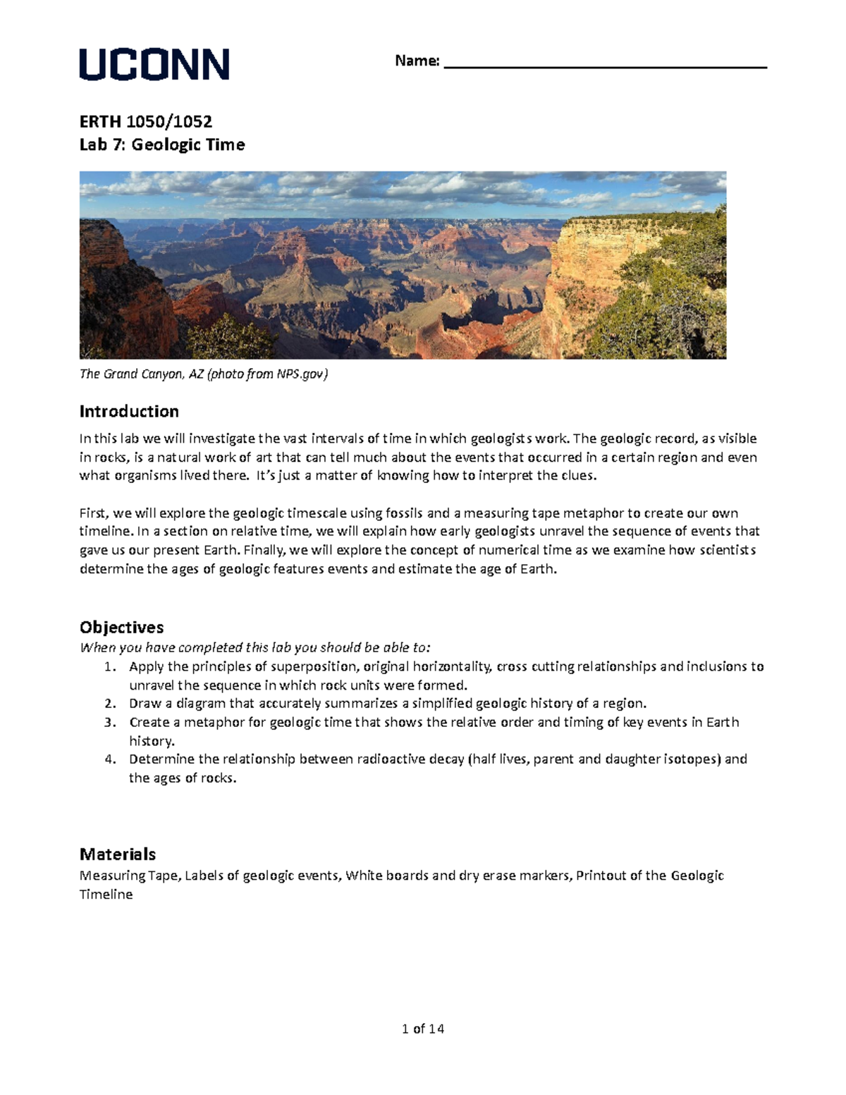 ERTH1052 Lab 7: Exploring Geologic Time and Earth's History Worksheet ...