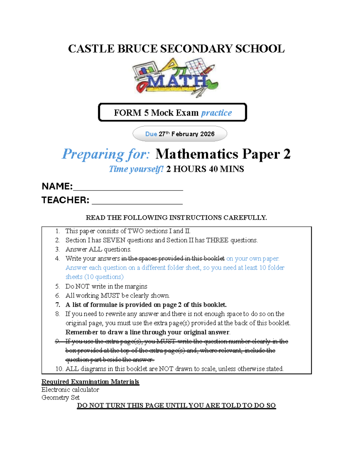 CASTLE BRUCE SECONDARY SCHOOL FORM 5 Mock Exam Practice - Math Paper 2 ...