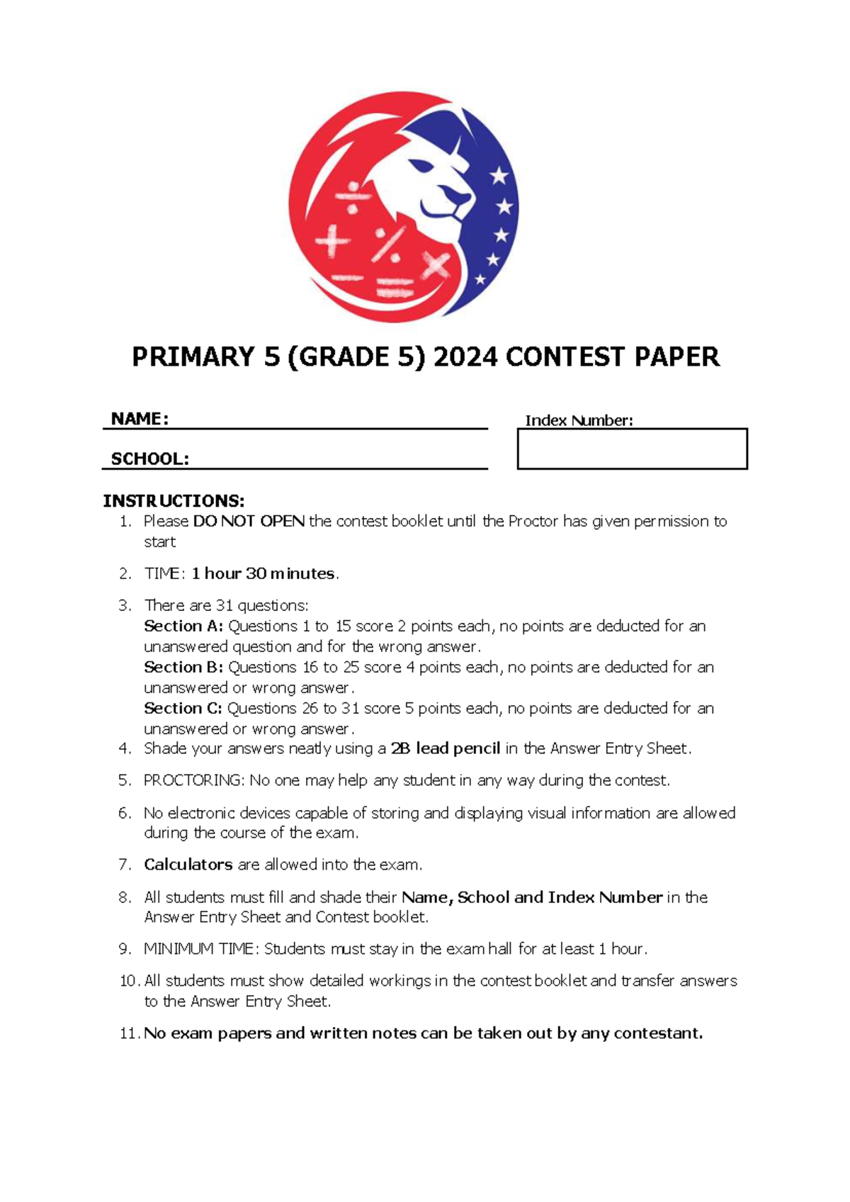 SMC 2024 Primary 5 Contest Paper Instructions and Questions - Studocu