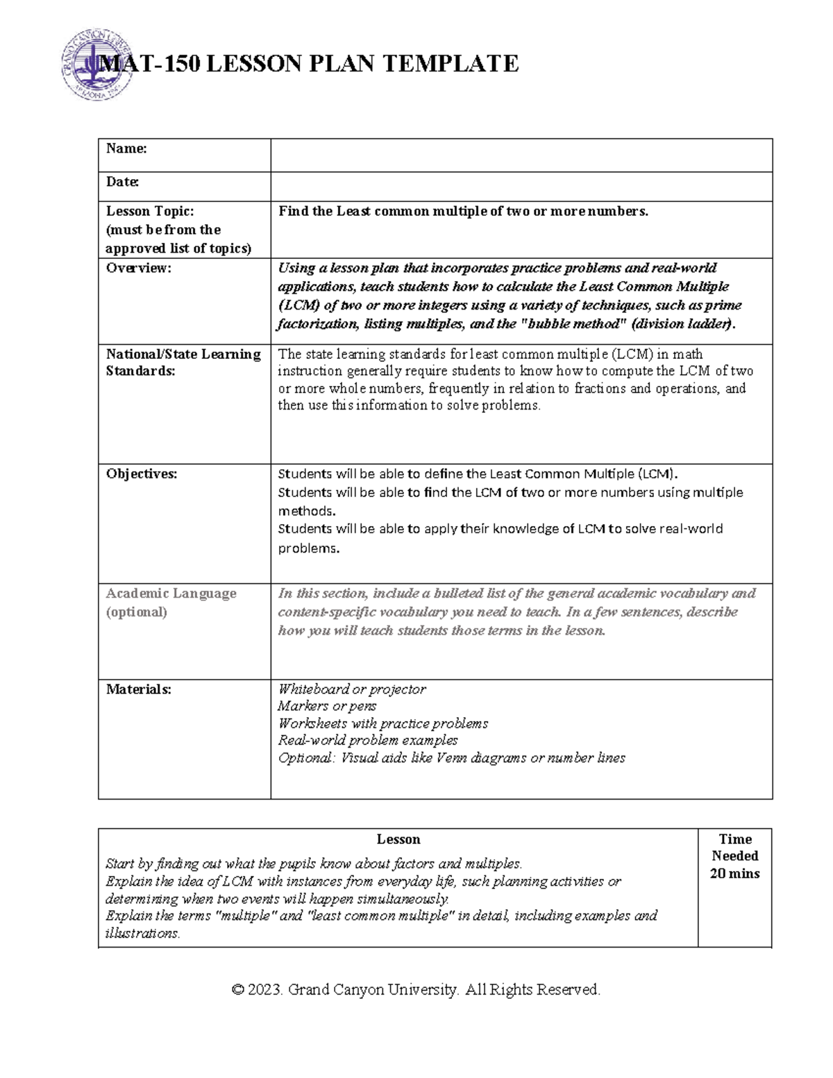 GCU MATH 101: Lesson Plan on Finding the Least Common Multiple (LCM ...