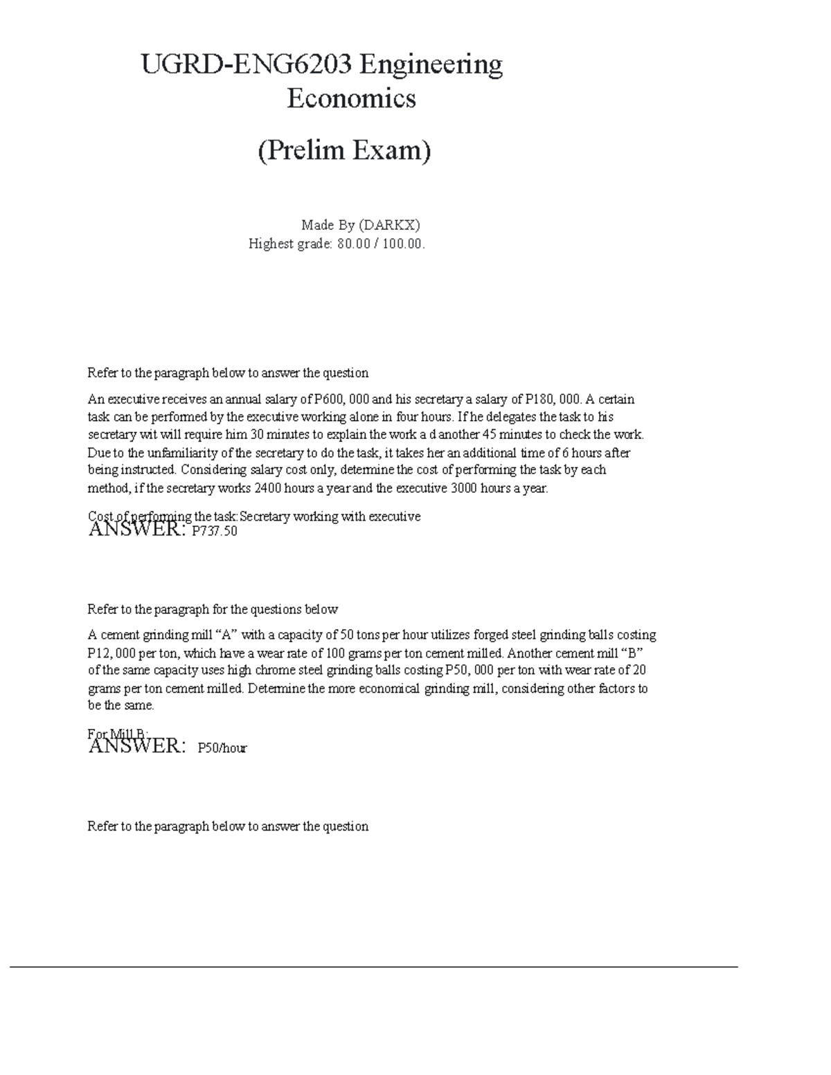 Engineering Economics (DARKX) Prelim Exam Study Guide - Studocu