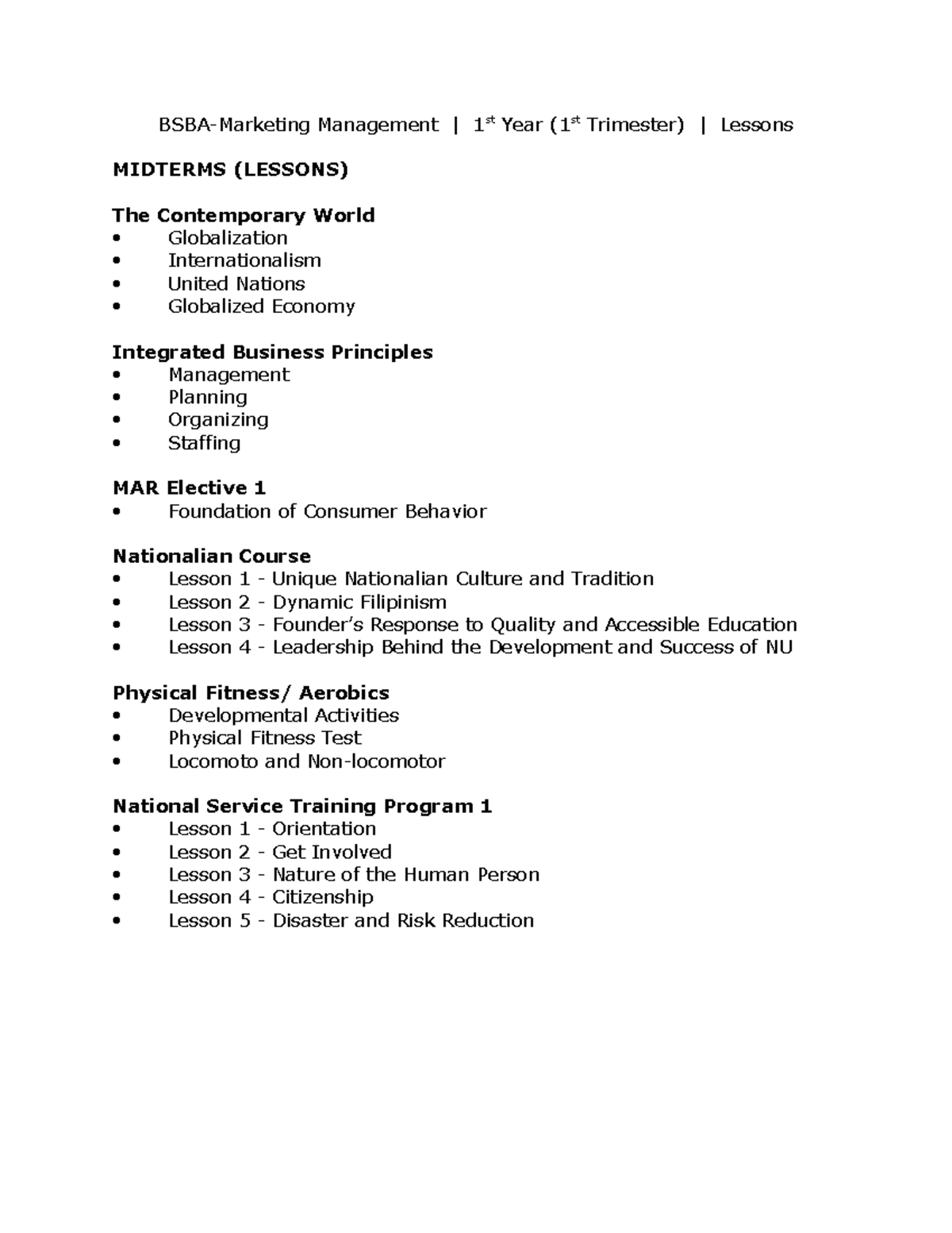 BSBA-MKT 1st Year 1st Trimester Midterm & Final Lessons Guide - Studocu