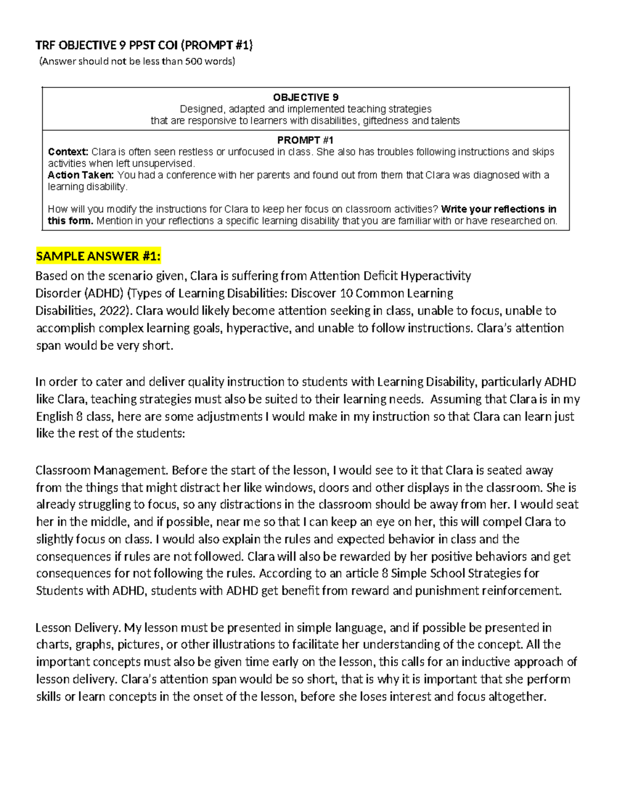 TRF OBJECTIVE 9 PPST COI: Strategies for Supporting Learners with ADHD ...