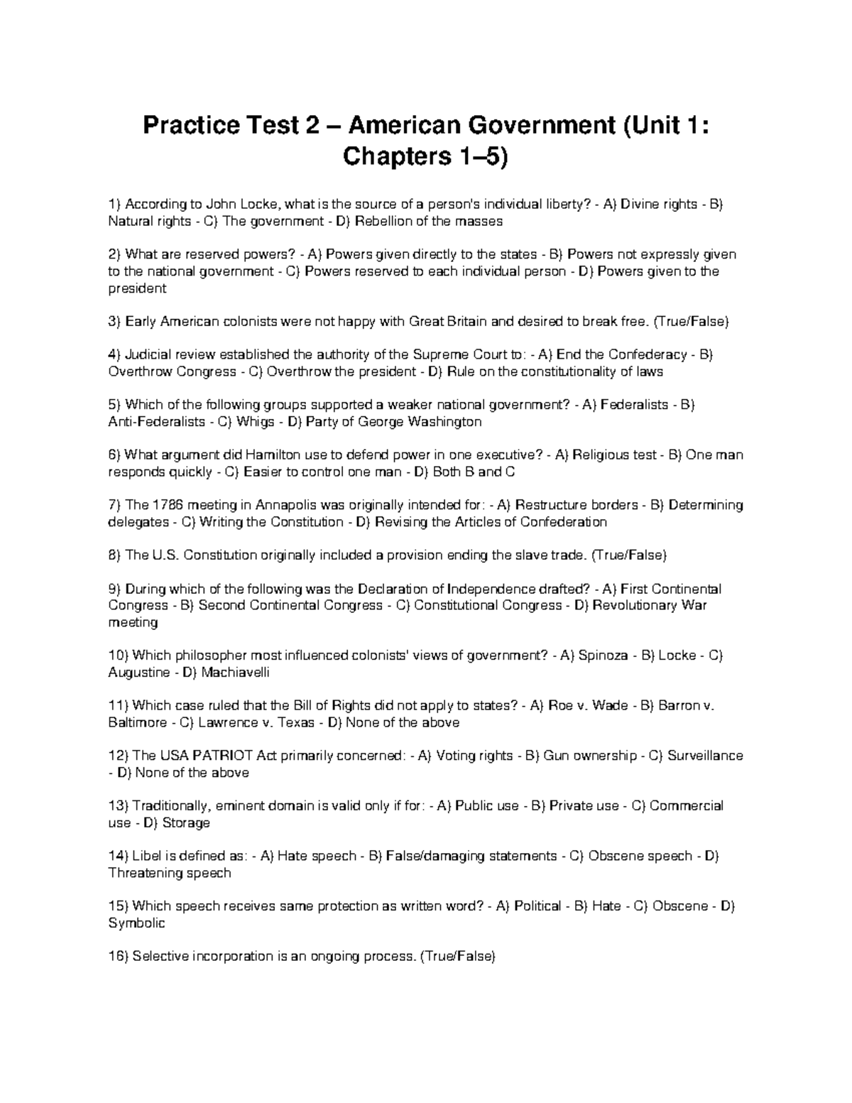 Practice Test 2: American Government (Unit 1: Chapters 1-5) - Studocu
