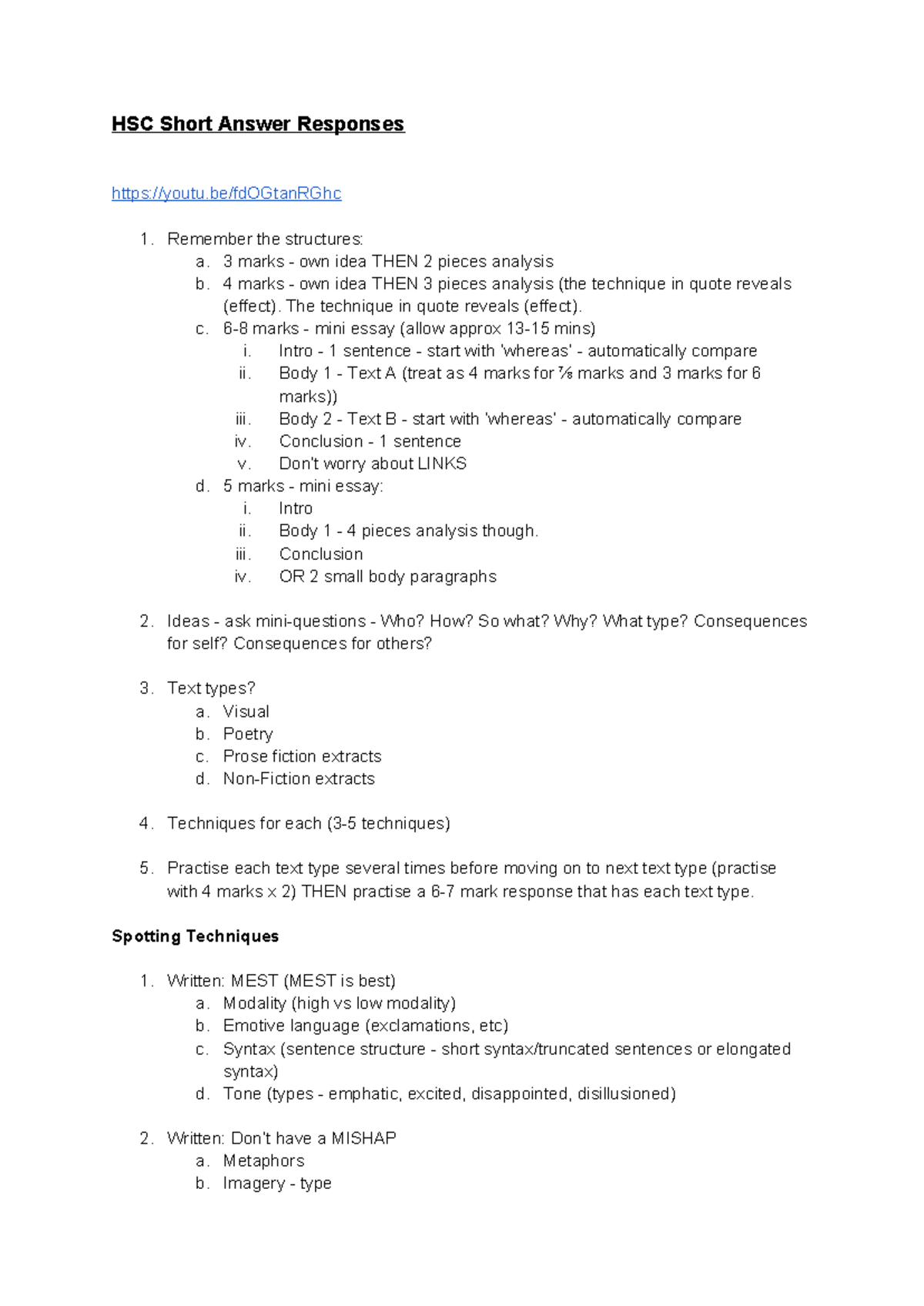 HSC Short Answer Response Strategies and Techniques Guide - Studocu