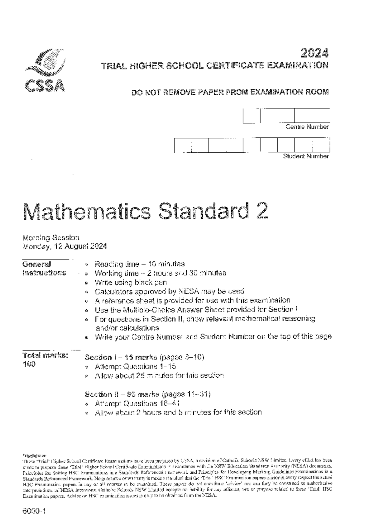2024 CSSA HSC Trial Mathematics Standard 2 Exam Paper - Studocu