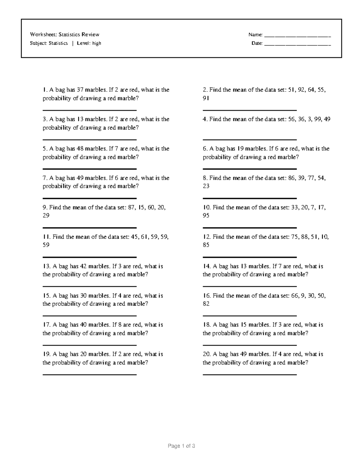 Statistics 9: Worksheet on Probability & Mean Calculations - Studocu