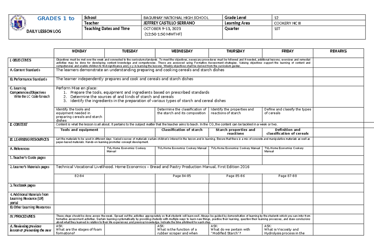 DLL Cookery 12 Q1 W8: Weekly Lesson Plan for Starch & Cereals - Studocu