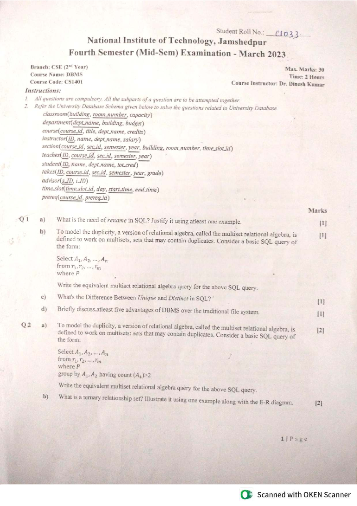CS1401 DBMS Final Exam Paper - March 2023 (Roll No: CS033) - Studocu