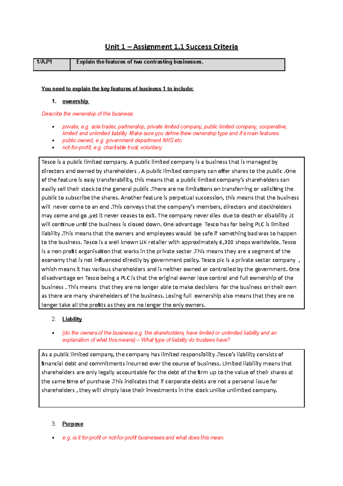 Unit 1 assignment 1 - Unit 1 – Assignment 1 Success Criteria 1/A Explain the features of two ...