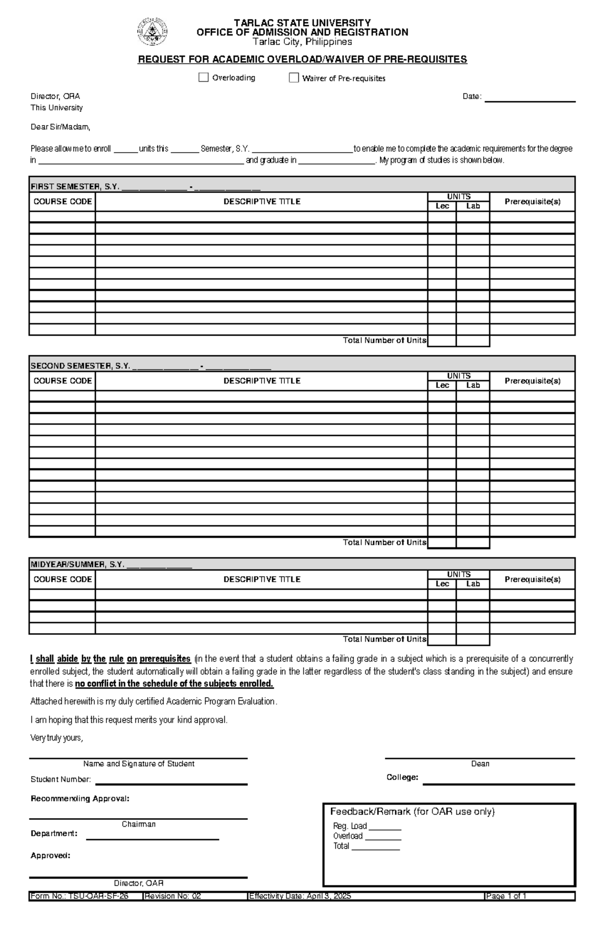 M SF 26 Request for Academic Overload Waiver - April 3, 2025 - Studocu