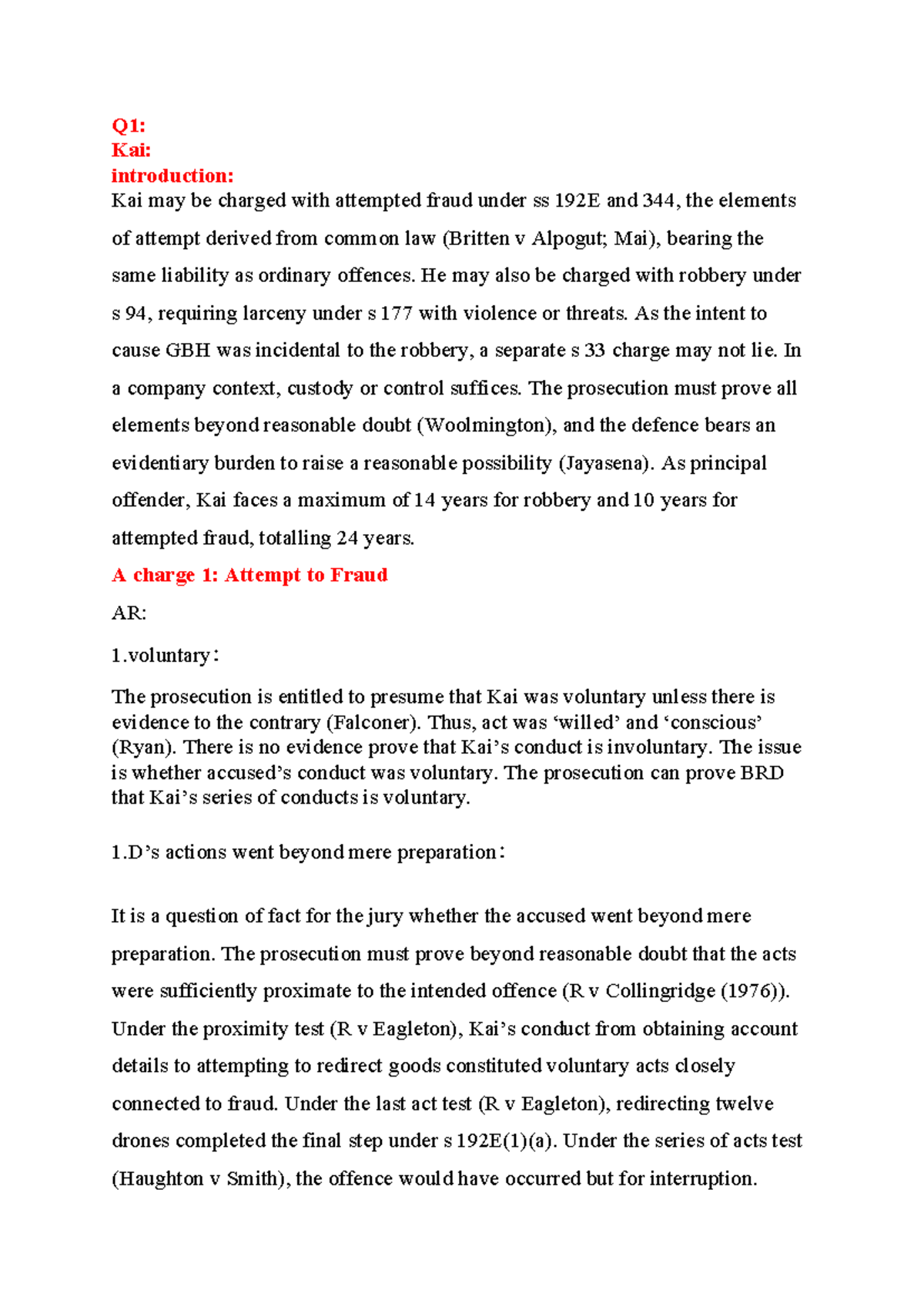 Q1 & Q2: Legal Analysis of Attempted Fraud and Secondary Liability in ...