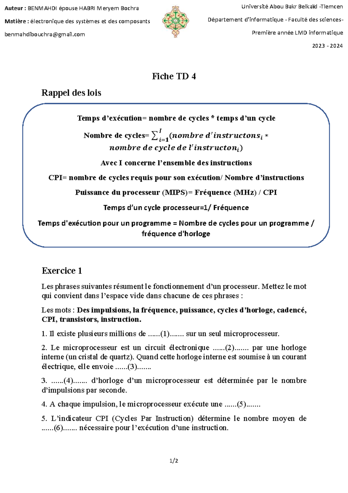 TD4 - Lois des Cycles et Instructions en Électronique LMD 1ère Année ...