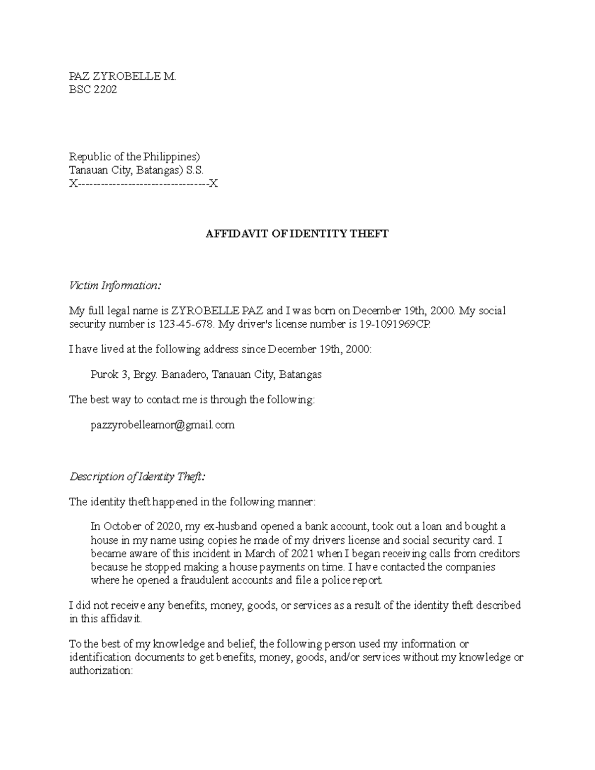 Affidavit of Identity Theft - BSC 2202 Legal Documentation - Studocu