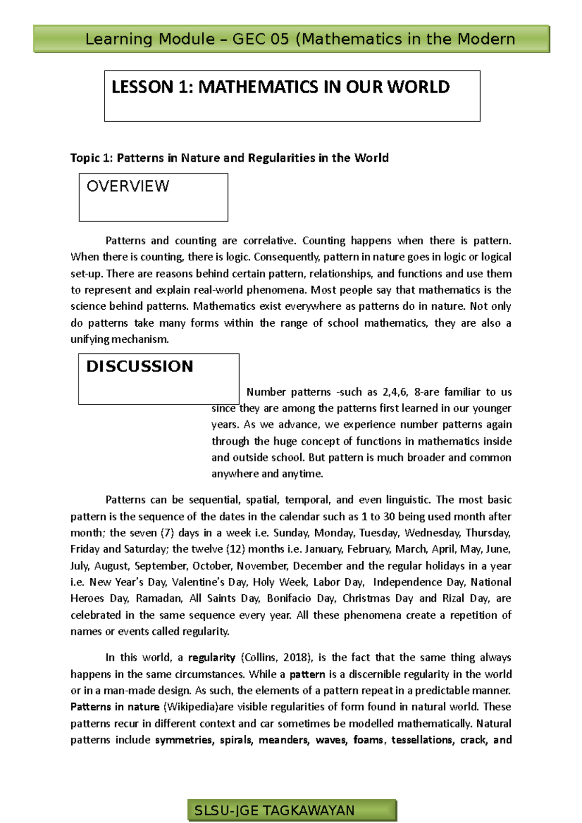 Prelim - Math in the Modern World: Exploring Patterns & Functions - Studocu