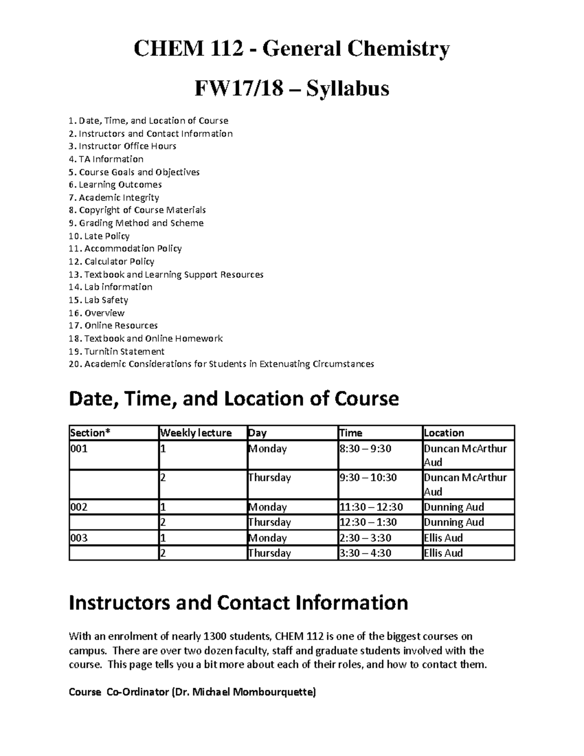 CHEM112 FW17/18 General Chemistry Course Syllabus Overview - Studocu