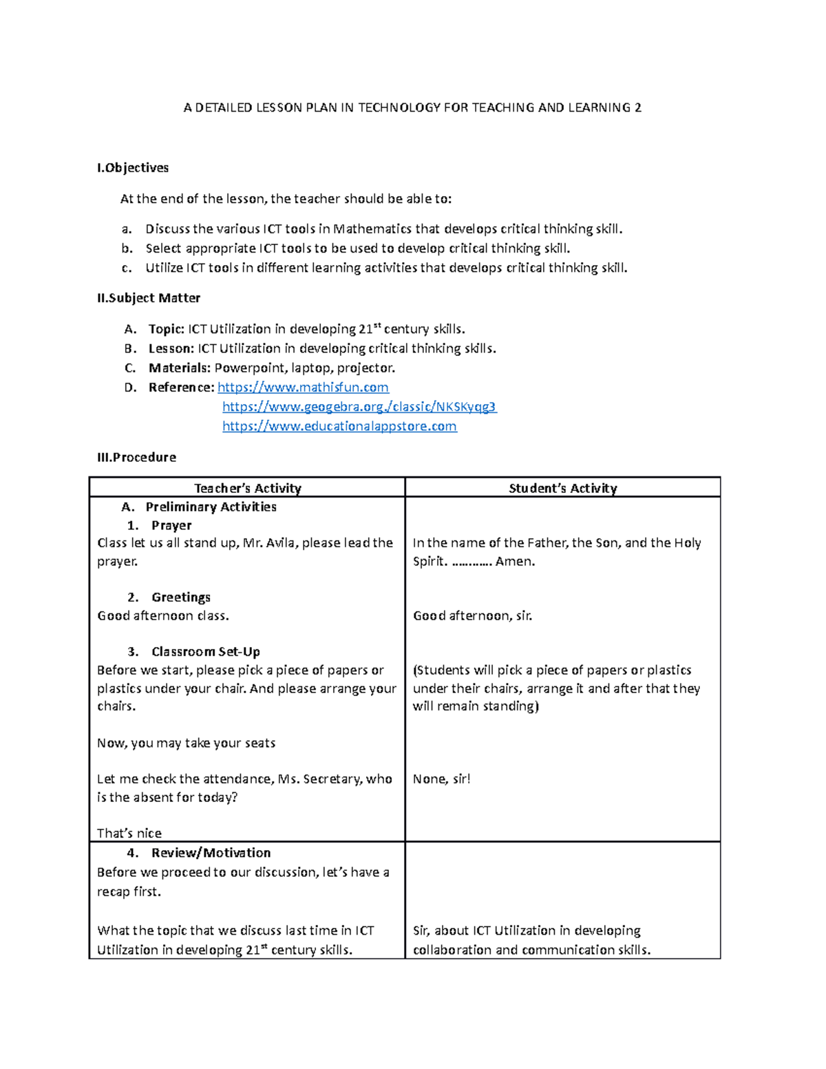 A Detailed Lesson Plan on ICT Tools in Math for Teaching & Learning 2 ...
