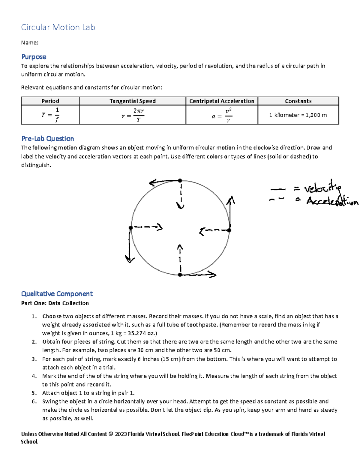 Circular Motion Lab Worksheet: Exploring Acceleration, Velocity ...