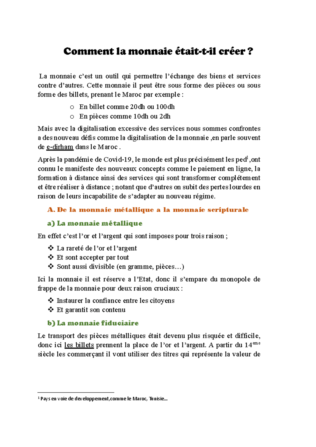 Comment la Monnaie a-t-elle été Créée ? Analyse et Défis au Maroc - Studocu