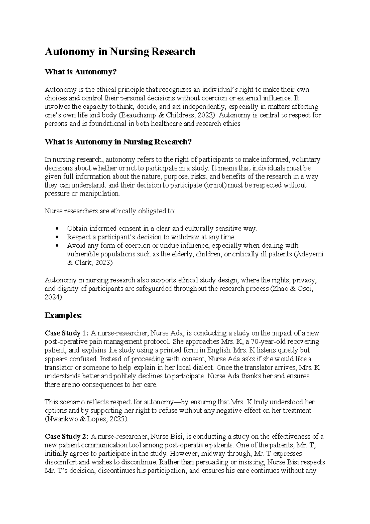 Autonomy in Nursing Research: Ethical Principles and Case Studies - Studocu