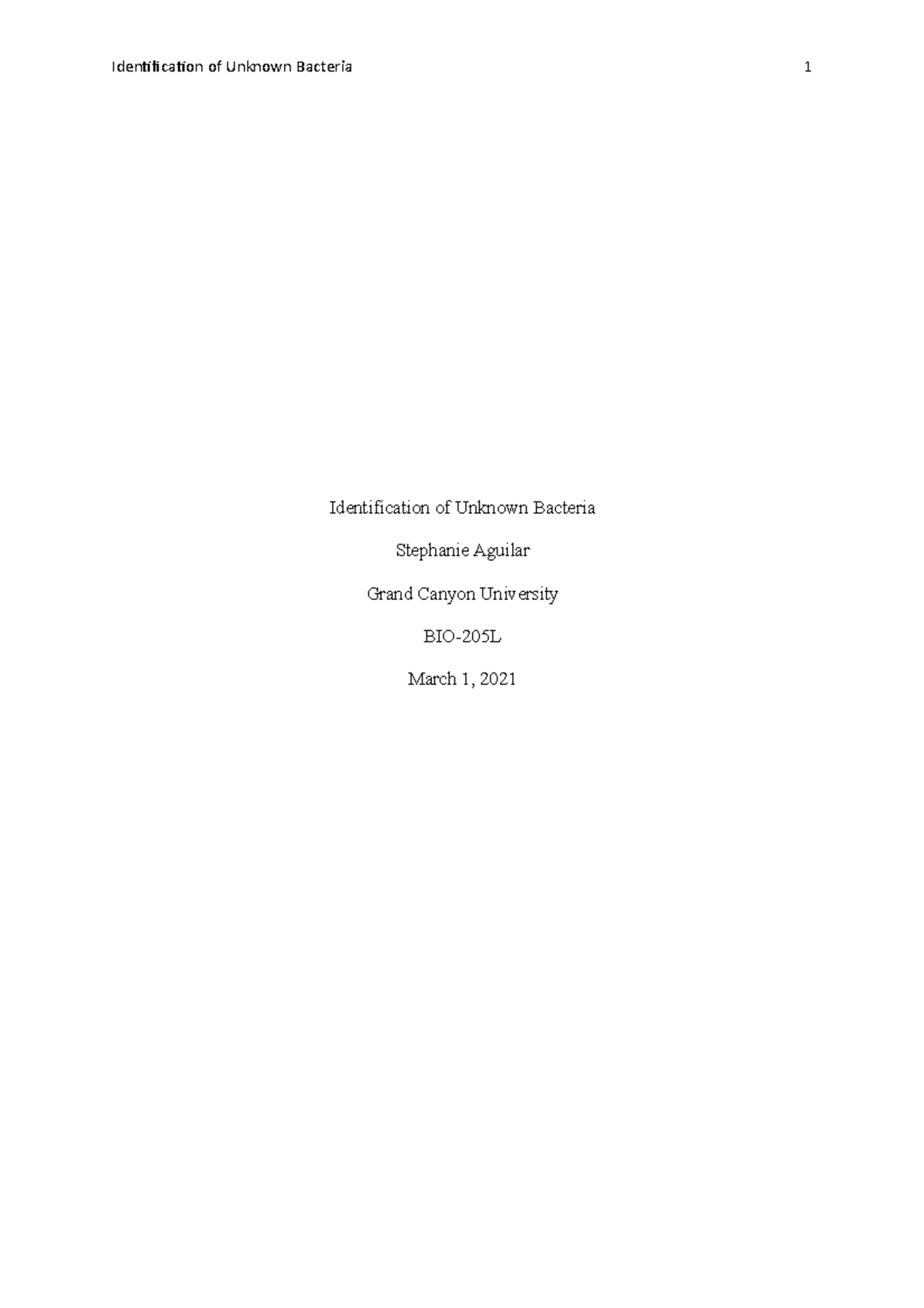 BIO-205L Lab Report: Identification of an Unknown Bacterium - Studocu