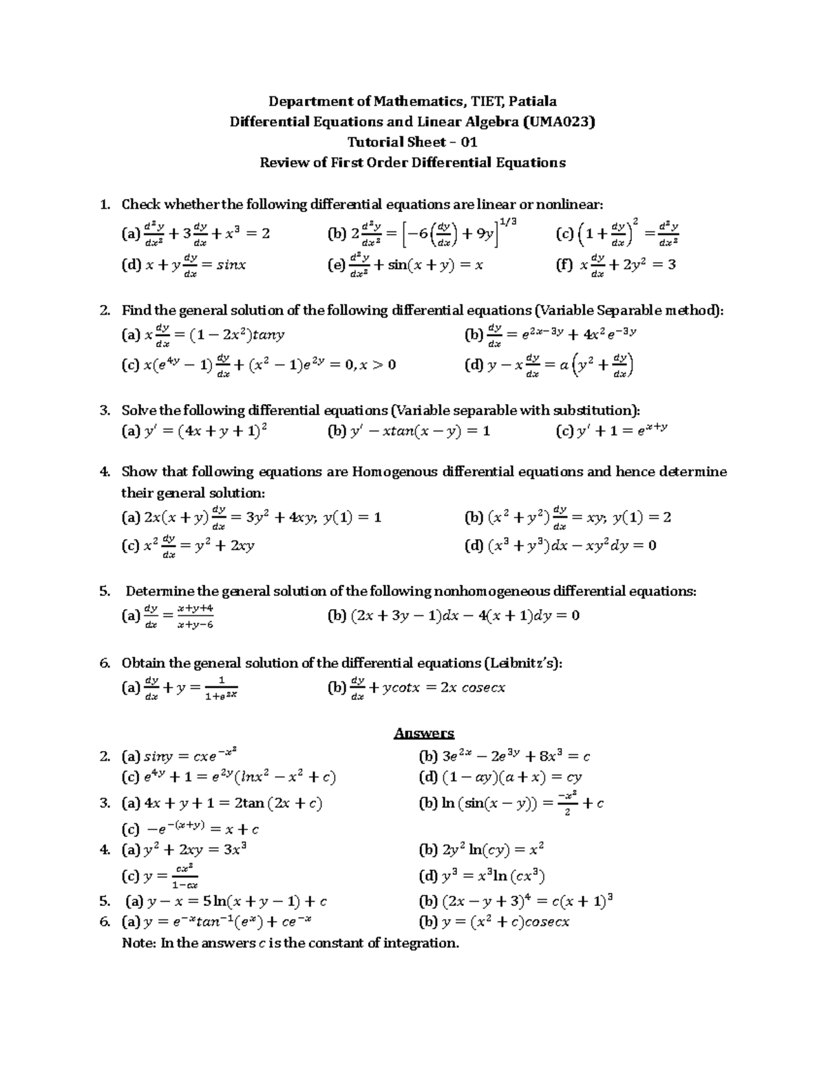 Tutorial Sheet 01 UMA023: Differential Equations & Linear Algebra - Studocu