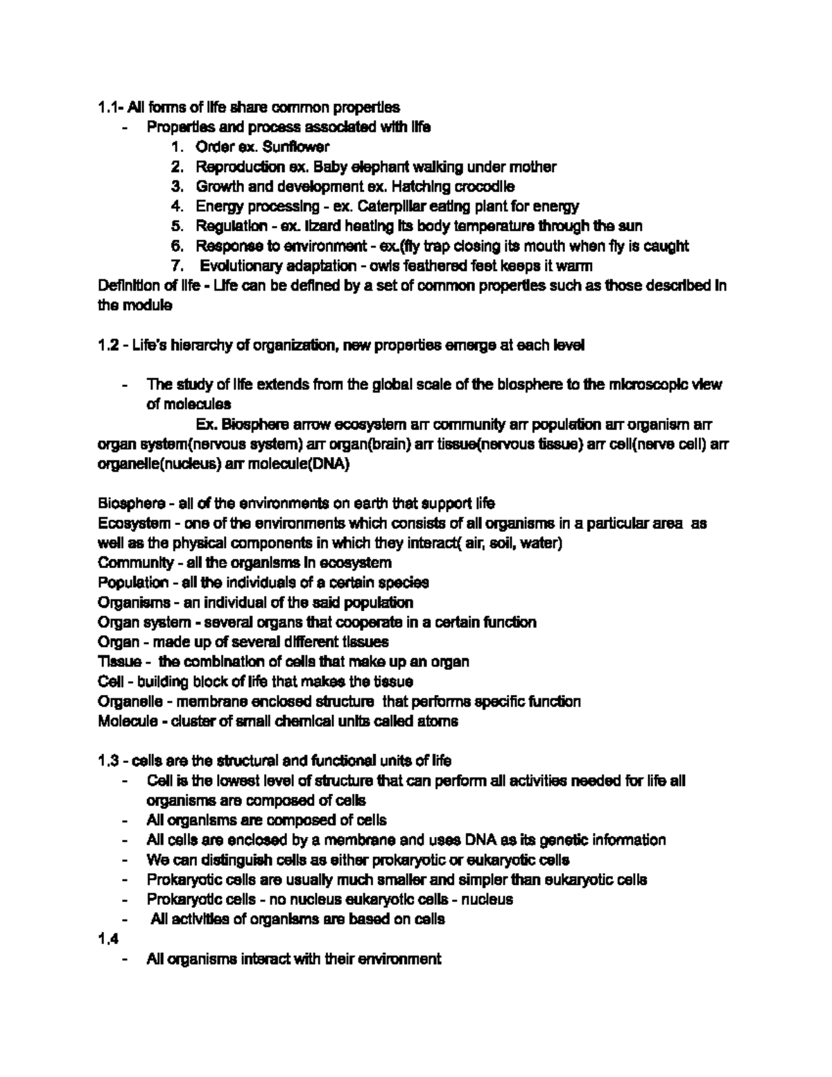 Biology Notes: Chapter 1 - Properties and Processes of Life - Studocu