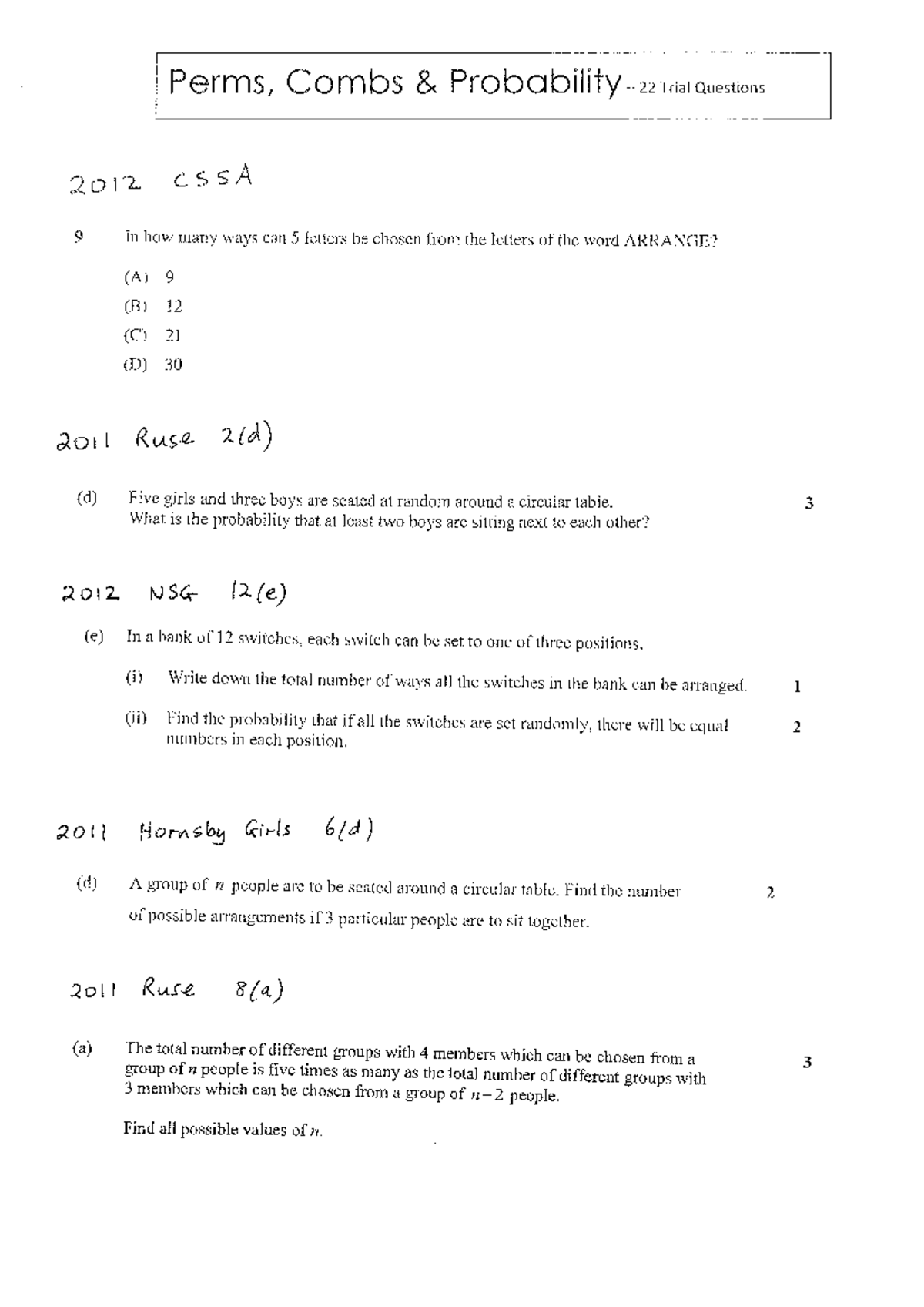 Permutations & Combinations and Probability Trial Questions 2012 CSSA ...