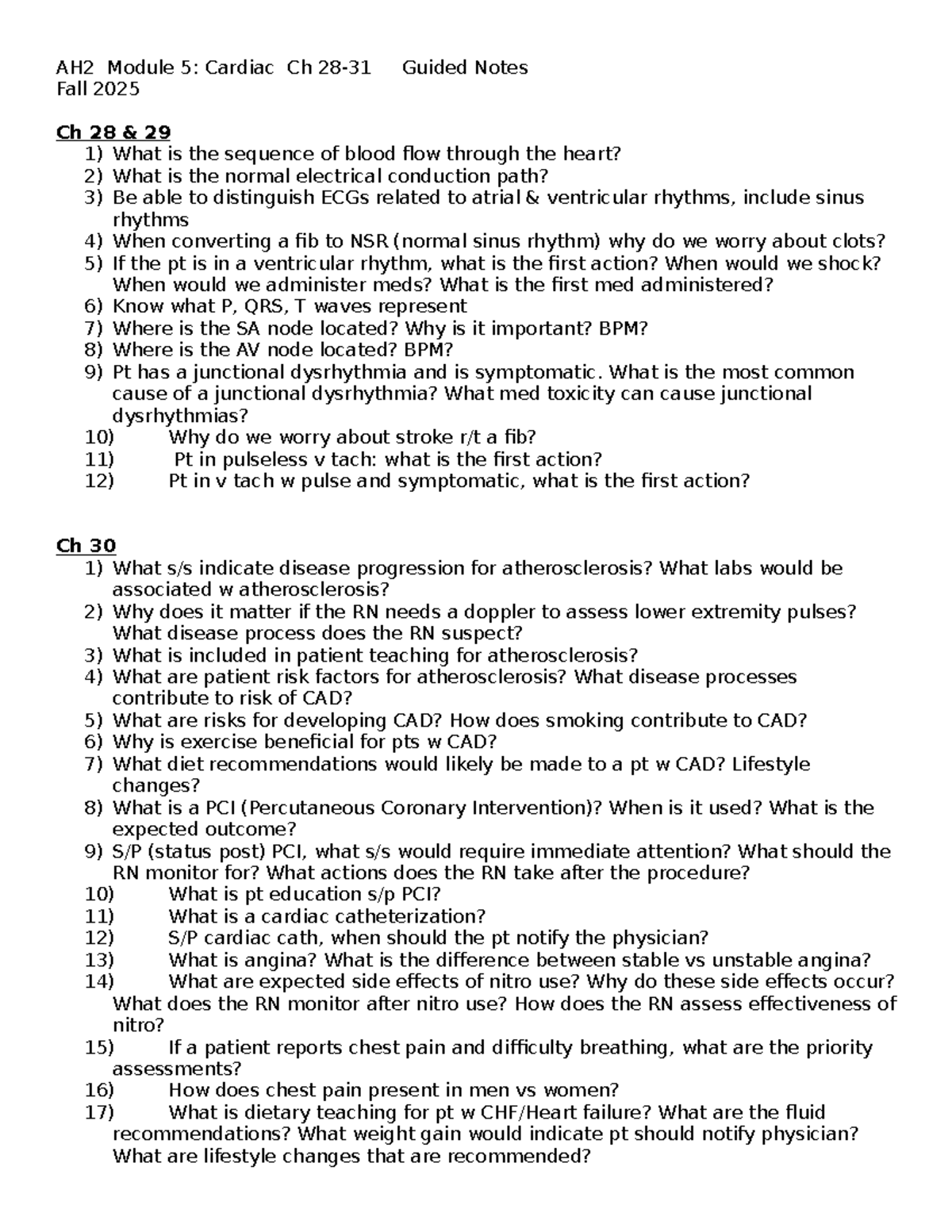 AH2 Module 5: Cardiac Chapter 28-30 Guided Notes Fall 2025 - Studocu