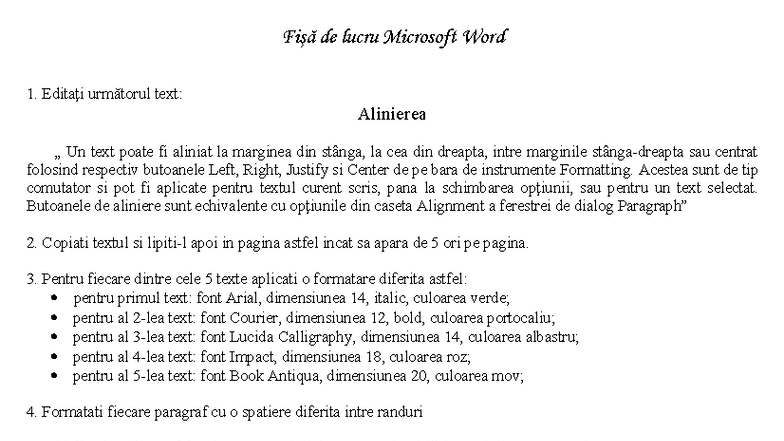 Fișa de lucru Microsoft Word 1 - Alinierea și Formatarea Textului - Studocu
