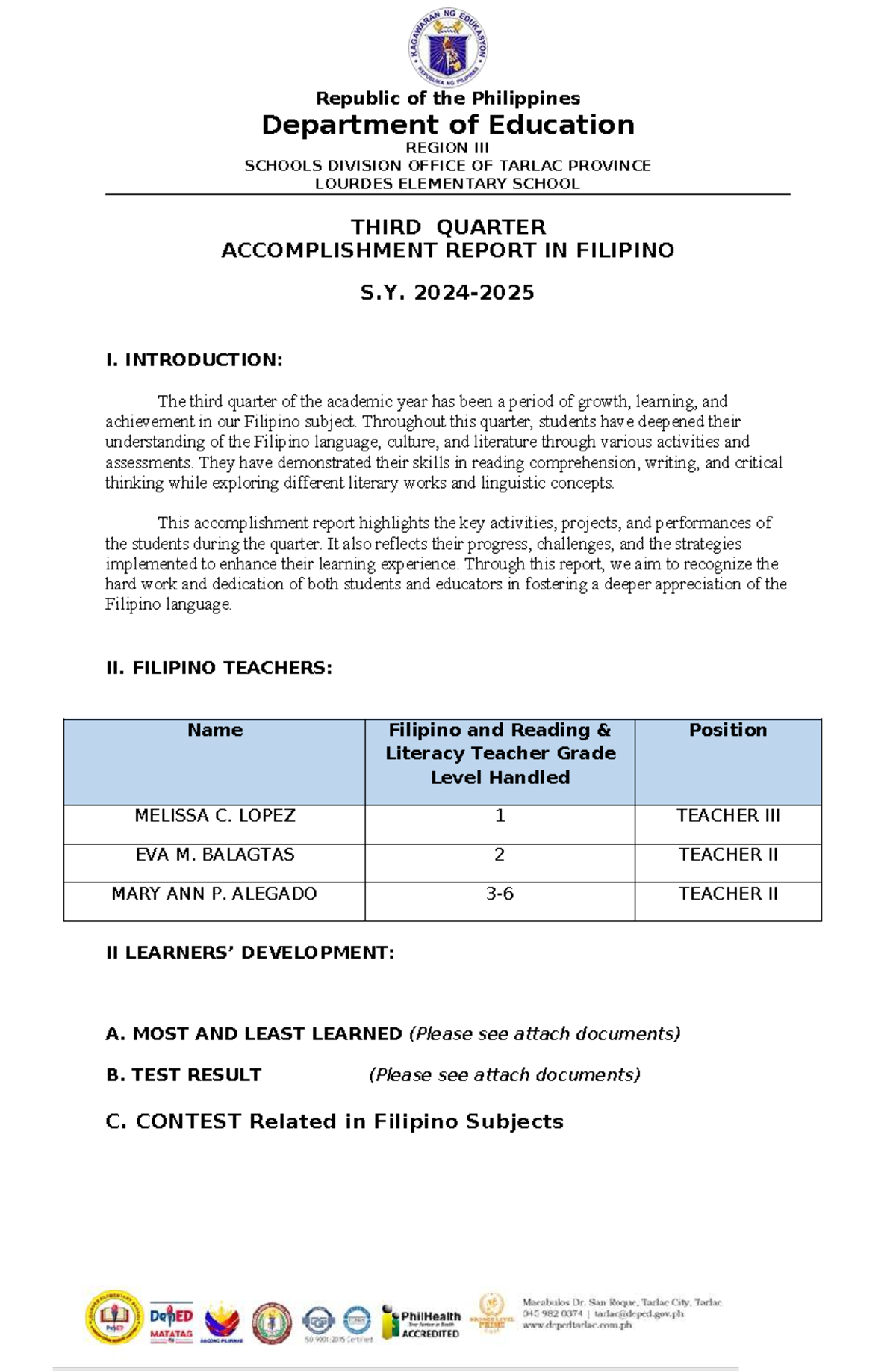 Accomplishment Report in Filipino 3rd Qtr 2024-2025 - Studocu