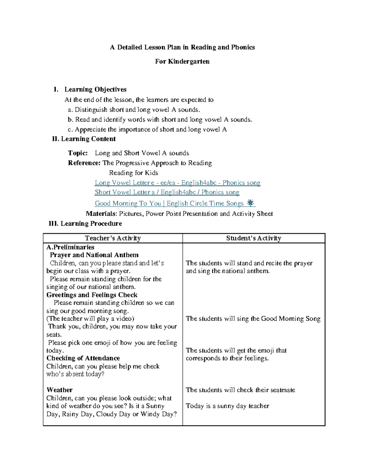 Final LP - Detailed Lesson Plan: Long & Short Vowel A Sounds - Studocu