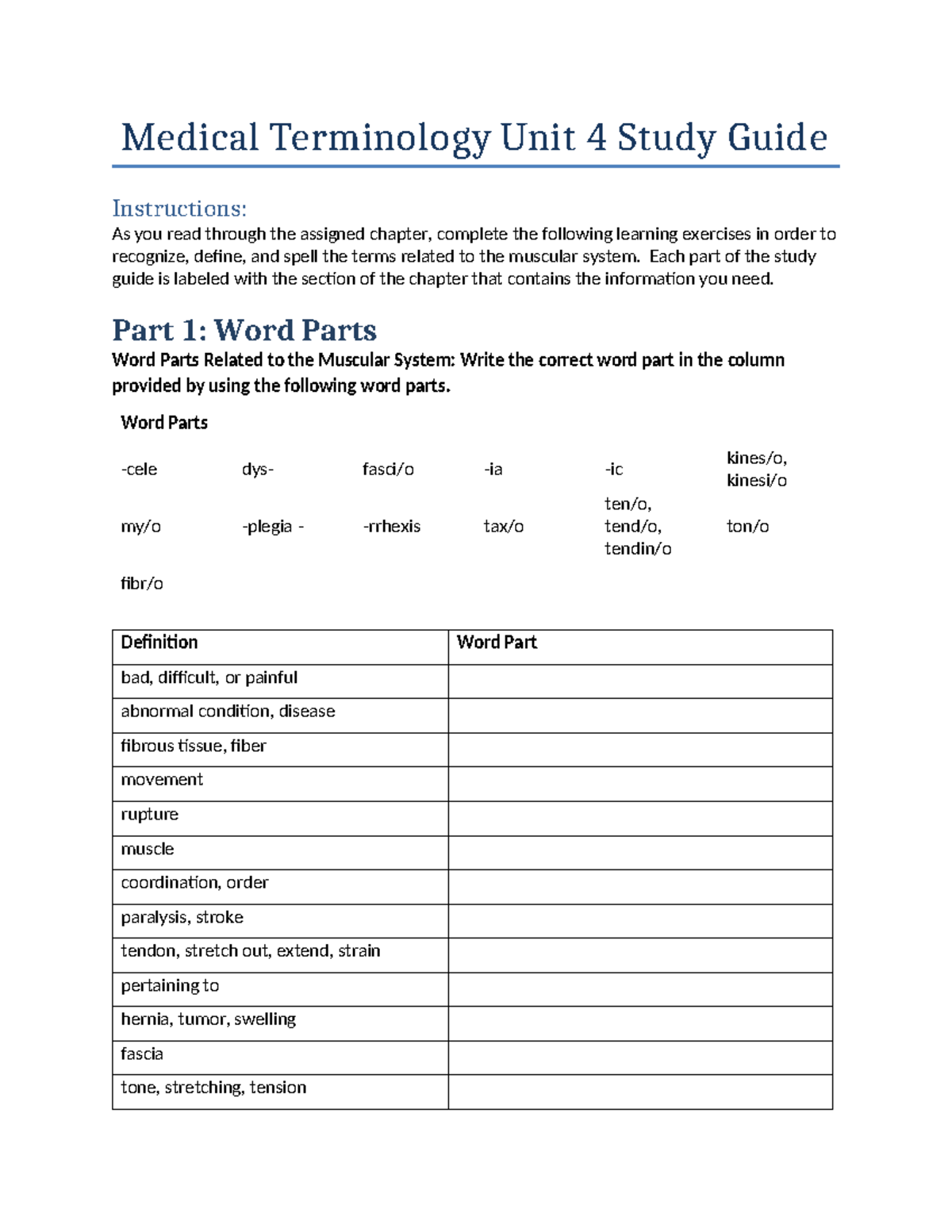 MT- Unit 4 Study Guide: Muscular System Terminology and Concepts - Studocu
